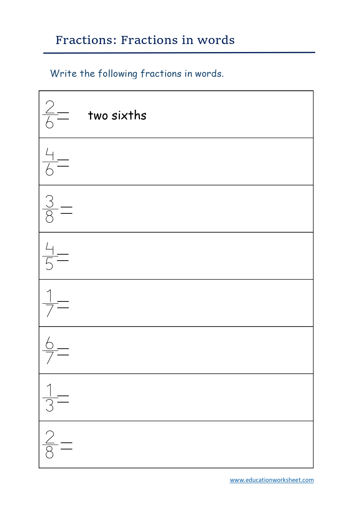 Learn To Write Fraction In Words Worksheets - Education Worksheet
