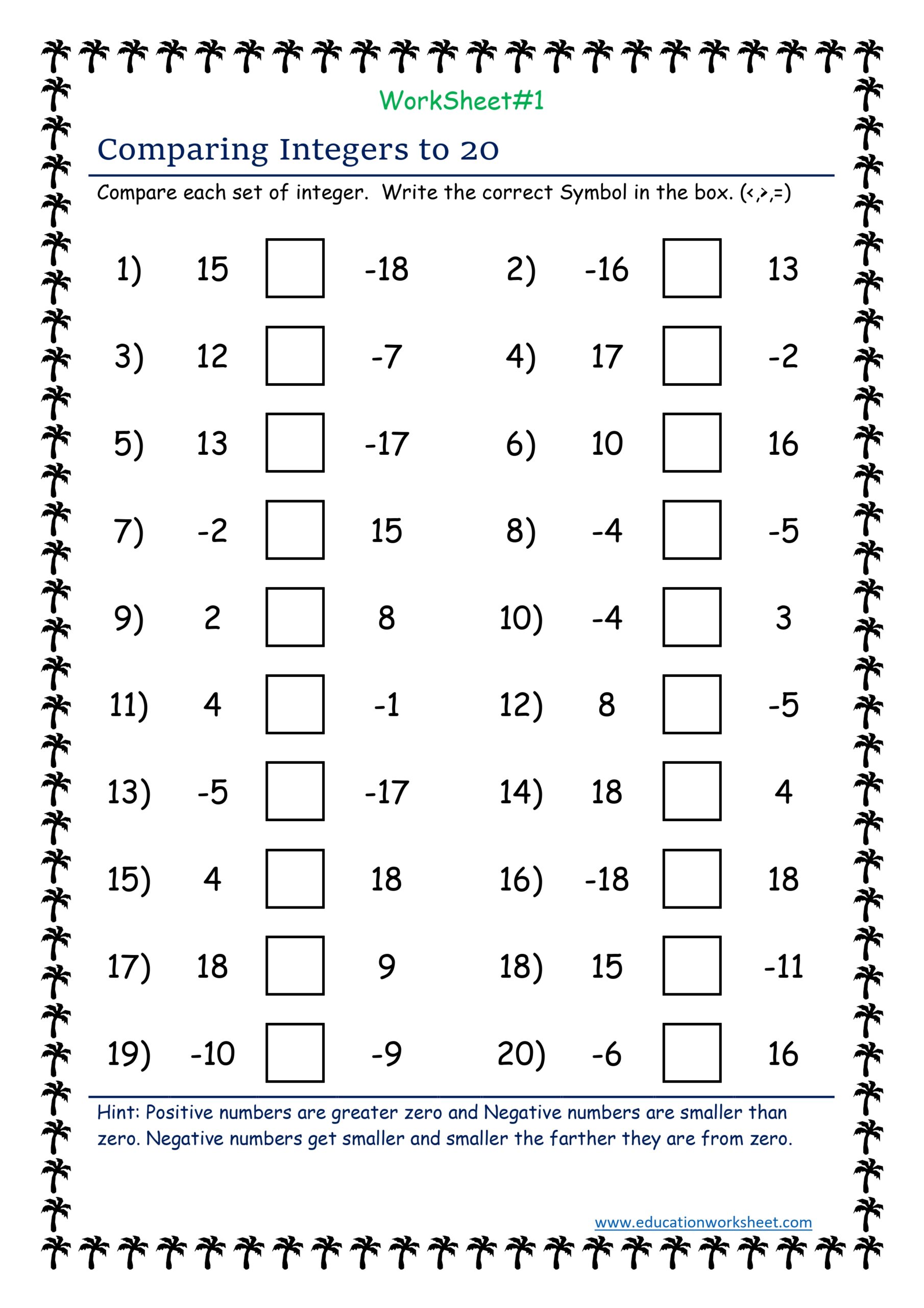 Integer Expression Comparison Exercises - Education Worksheet